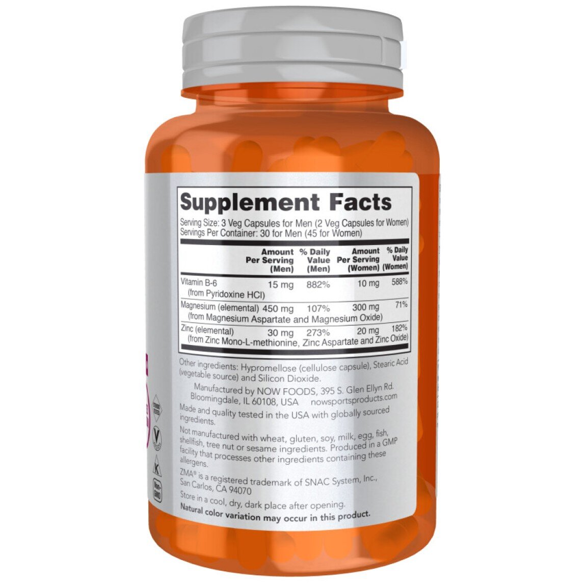 ZMA 800mg (Zinc, Magneziu si B-6), NOW Foods - 90 Capsule vegetale